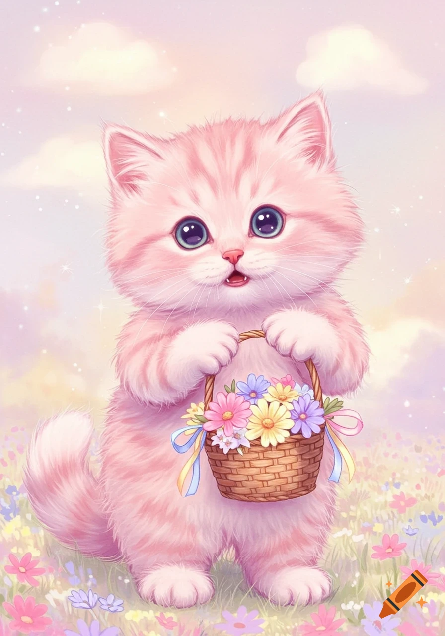 Illustration of a pink kitten with fluffy hair holding a flower basket. on Craiyon