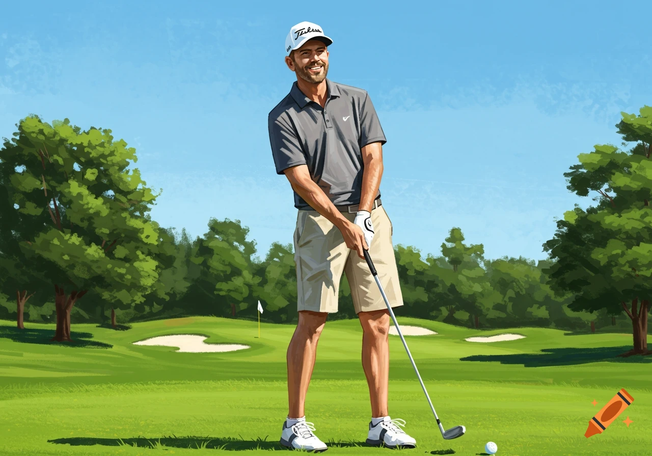 Men playing golf on a sunny green course. A man swings as friends watch ...