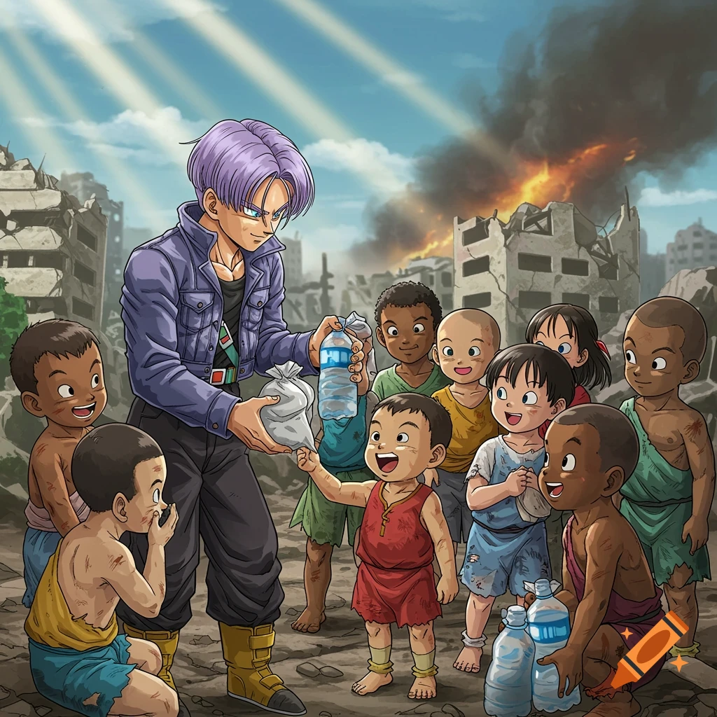 Trunks helping orphans, anime style on Craiyon