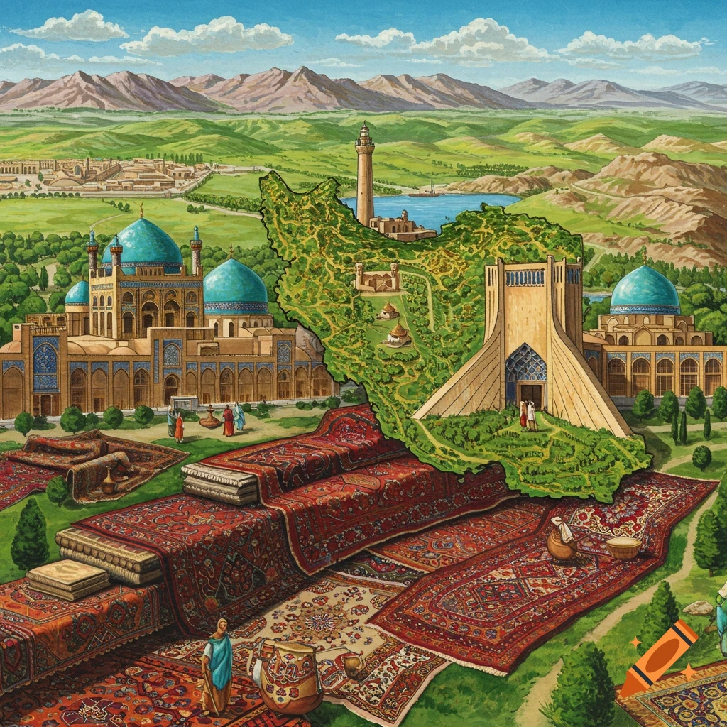 A landscape featuring Iranian architecture, a map of Iran, mountains ...