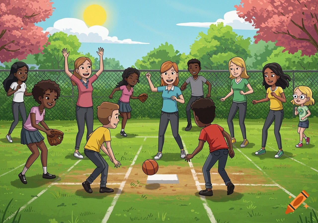 Animated image of high school students playing kickball against friends ...