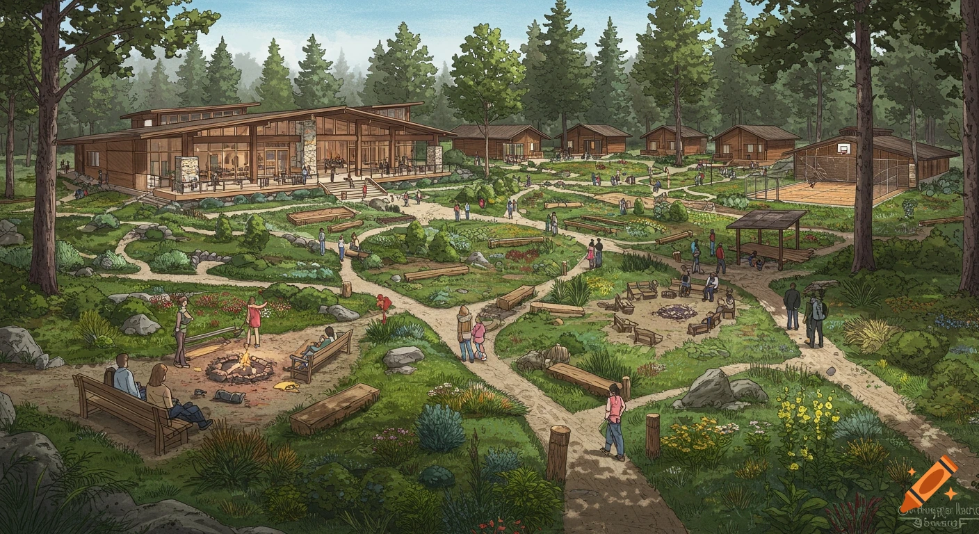 Detailed illustration of a community campus with buildings, gardens ...