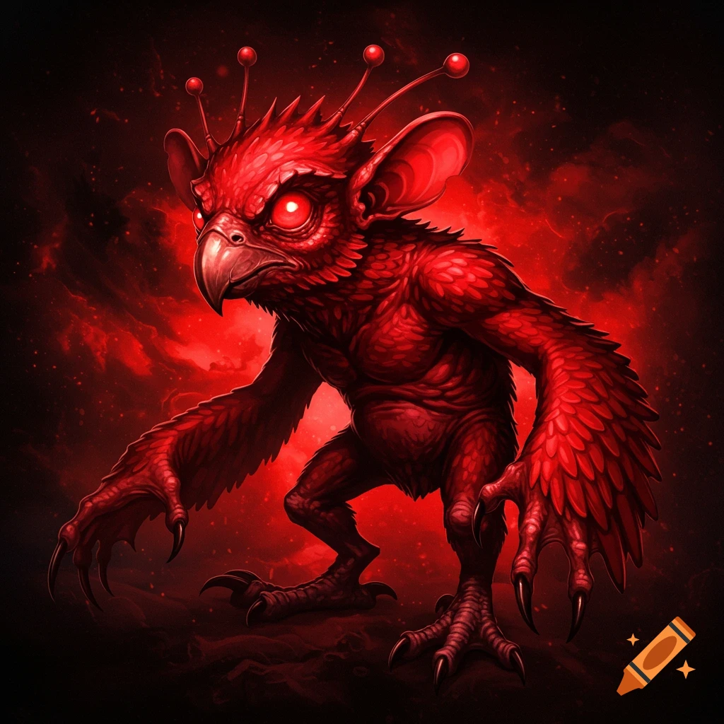 Bird with red eyes, webbed feet, red skin, knob antenna, claws, and ...