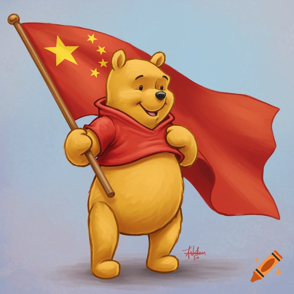 Winnie the Pooh holding a Chinese flag like a cape. on Craiyon
