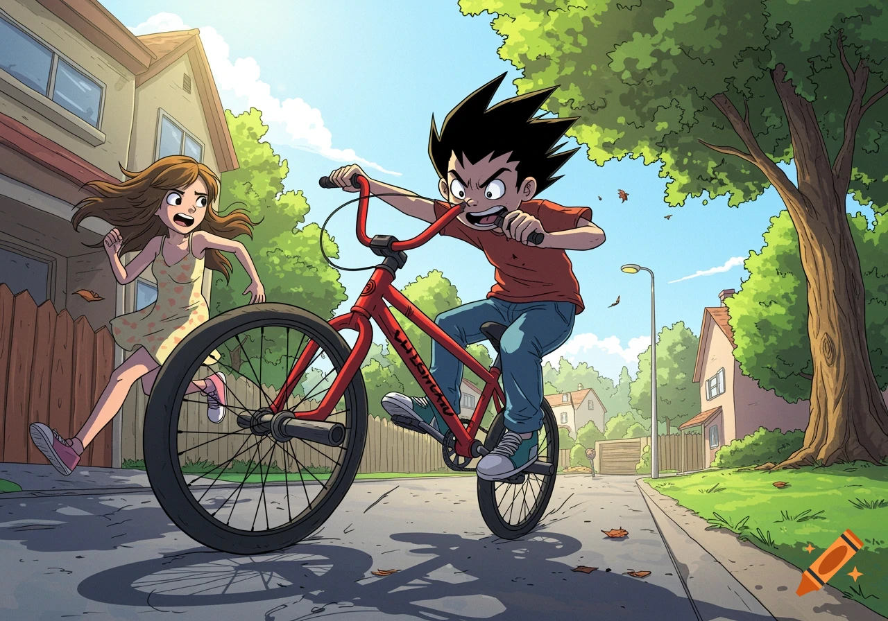 Cartoon boy in orange suit and red glasses rides motorcycle through ...
