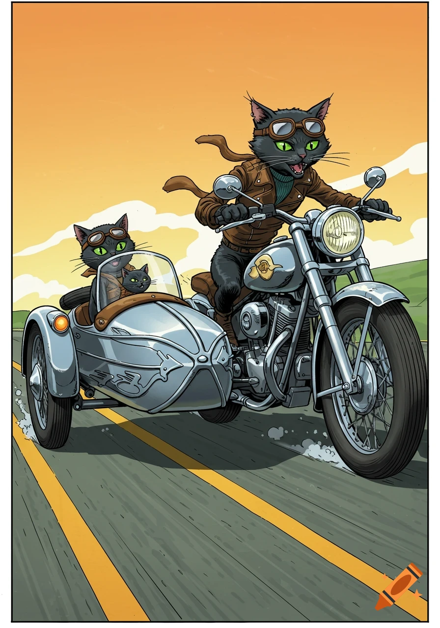 Two black cats riding a motorcycle with a sidecar on Craiyon