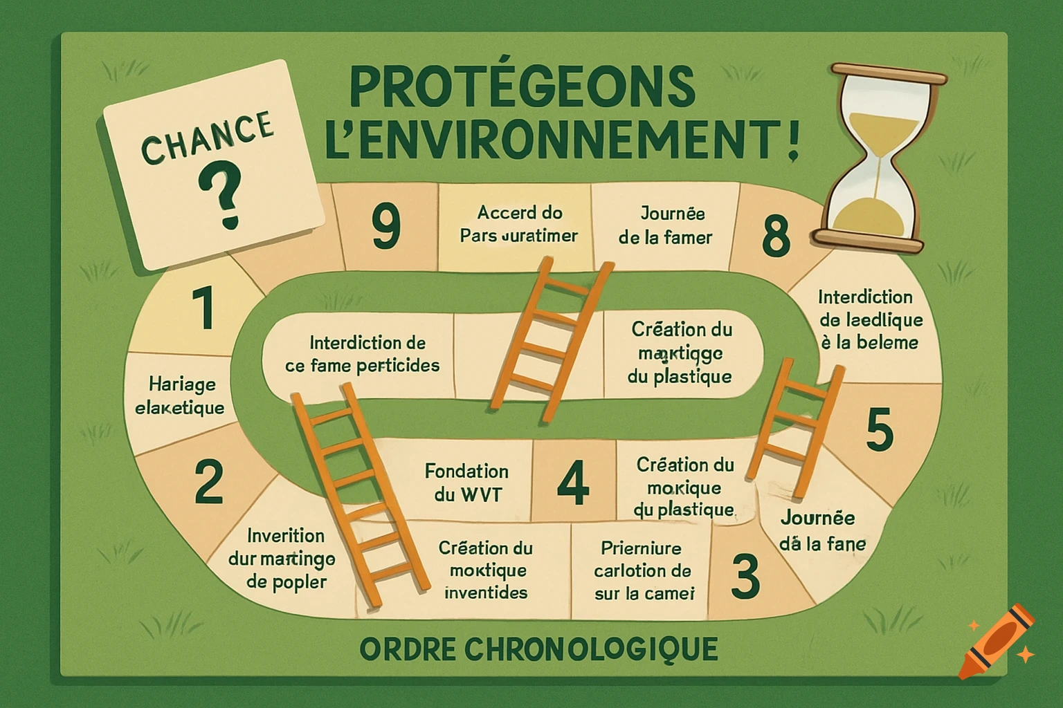 Game board illustration with chance cards, hourglass, timeline, and ...