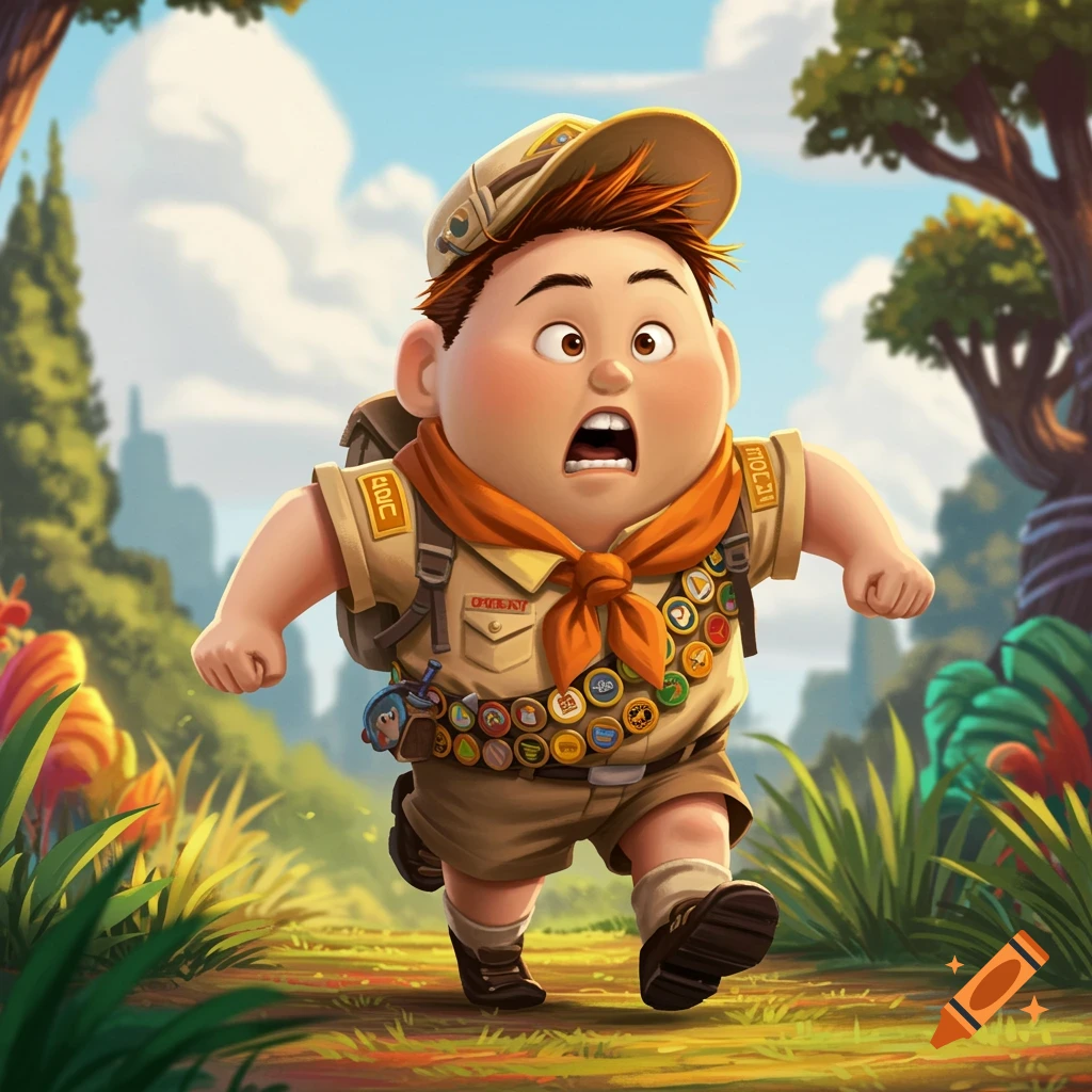 Russel from the movie Up, running and scared on Craiyon