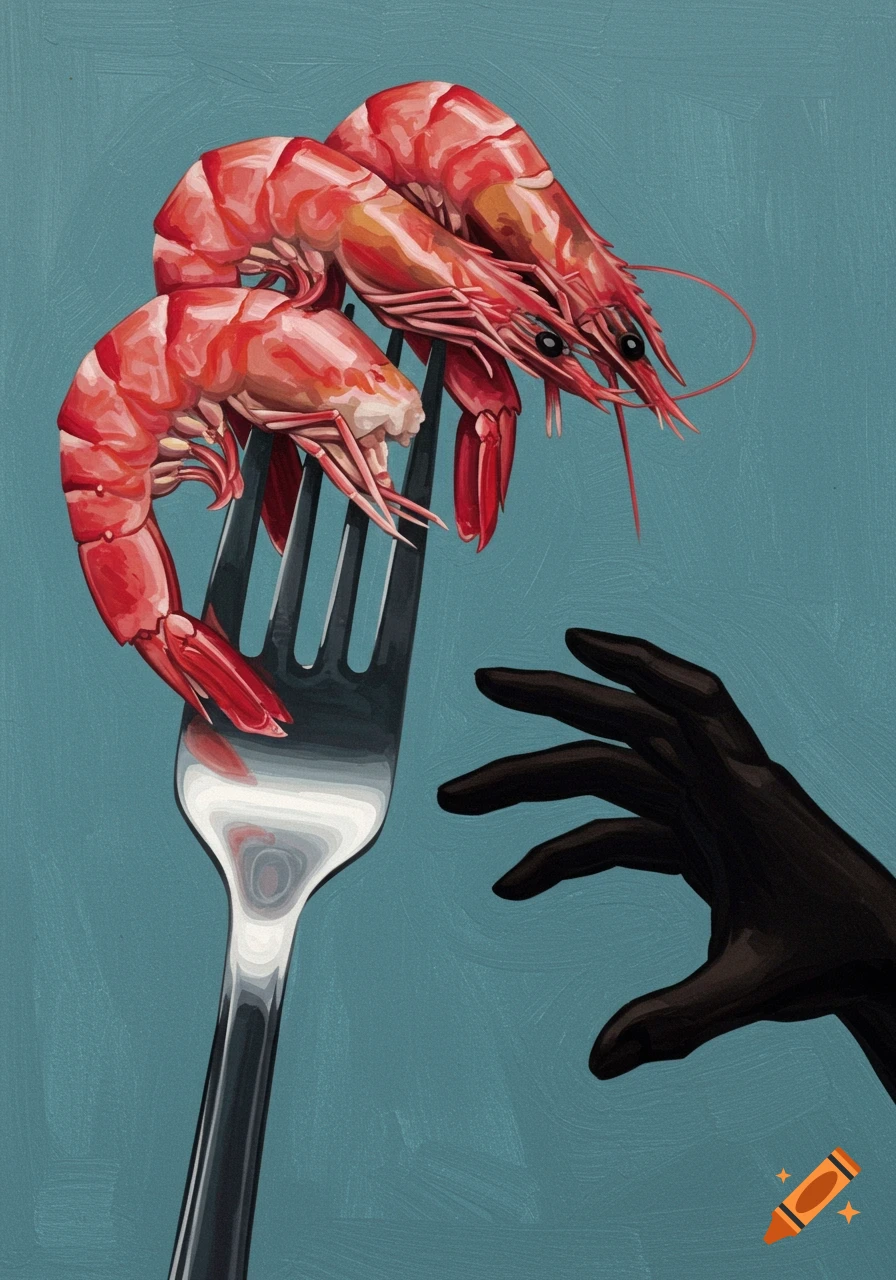 Three shrimp on a fork with a hand reaching. on Craiyon