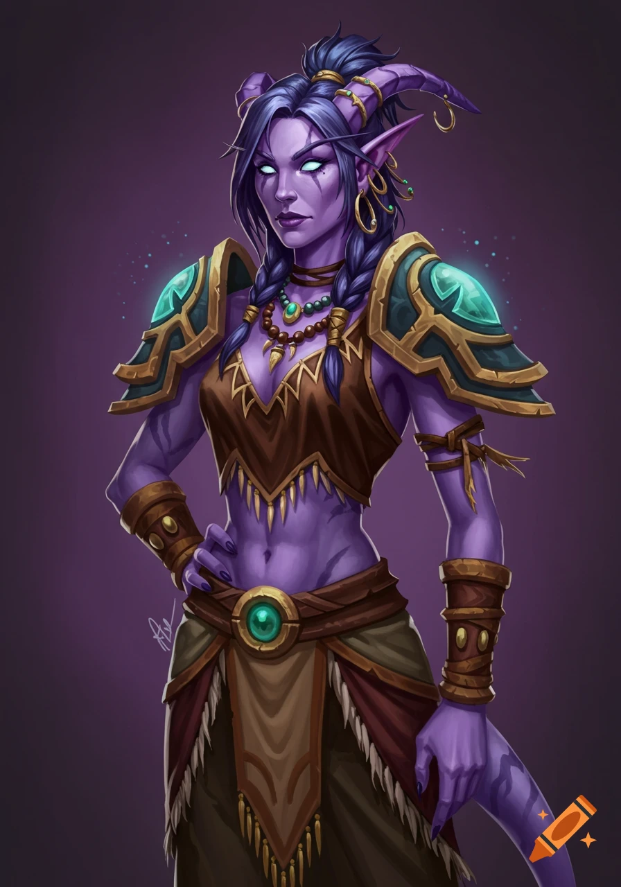 World of Warcraft draenei female in boho gypsy armor on Craiyon