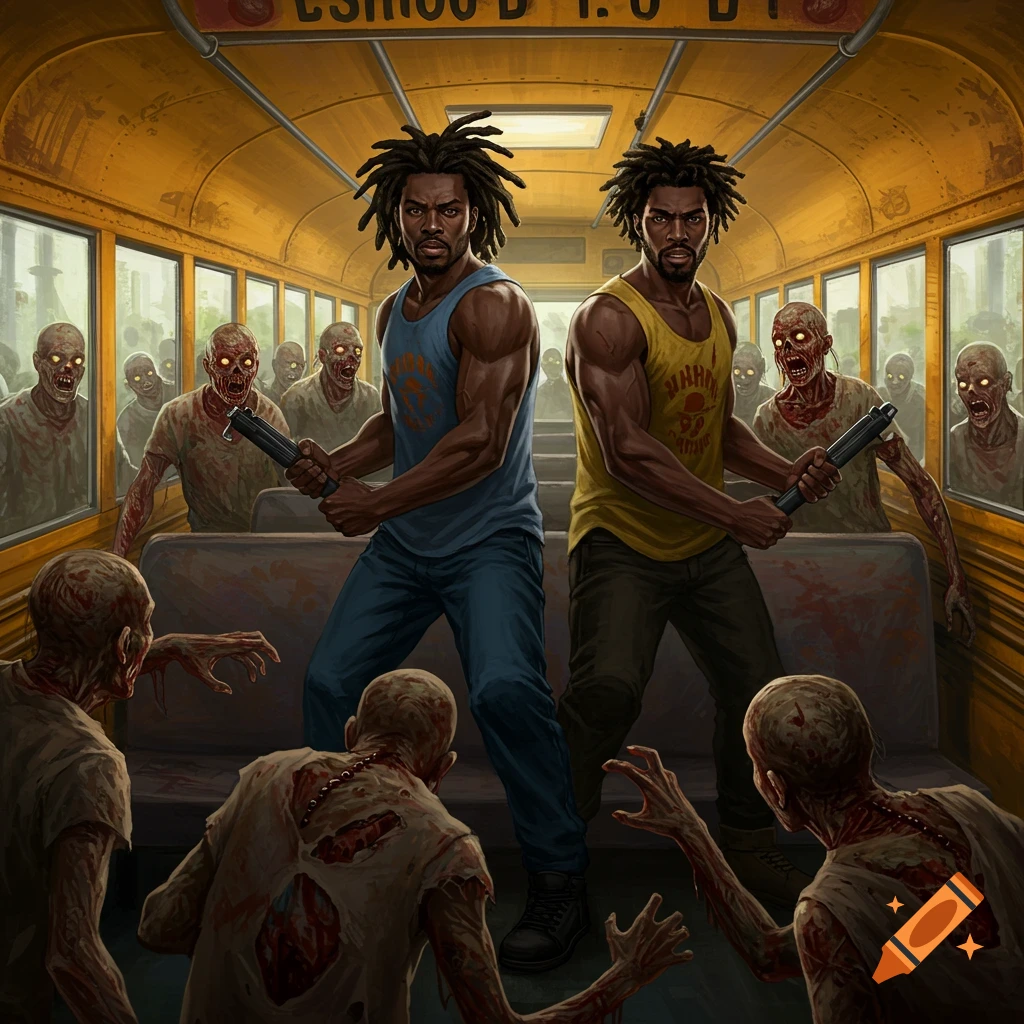 Two Black men with dreads fight zombies on school bus on Craiyon