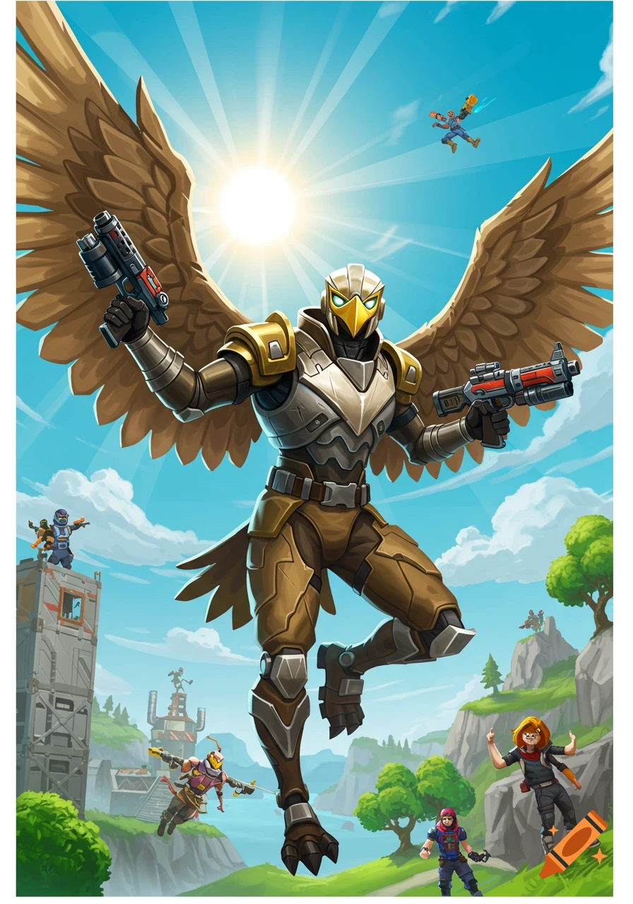 A character resembling Battlehawk from Fortnite is flying with guns ...