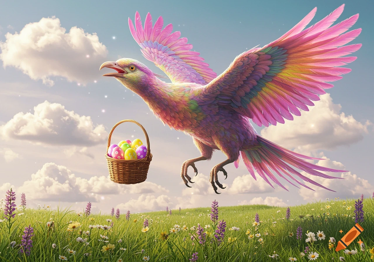 Hyperrealistic rainbow Easter goofer bird delivering eggs on Craiyon