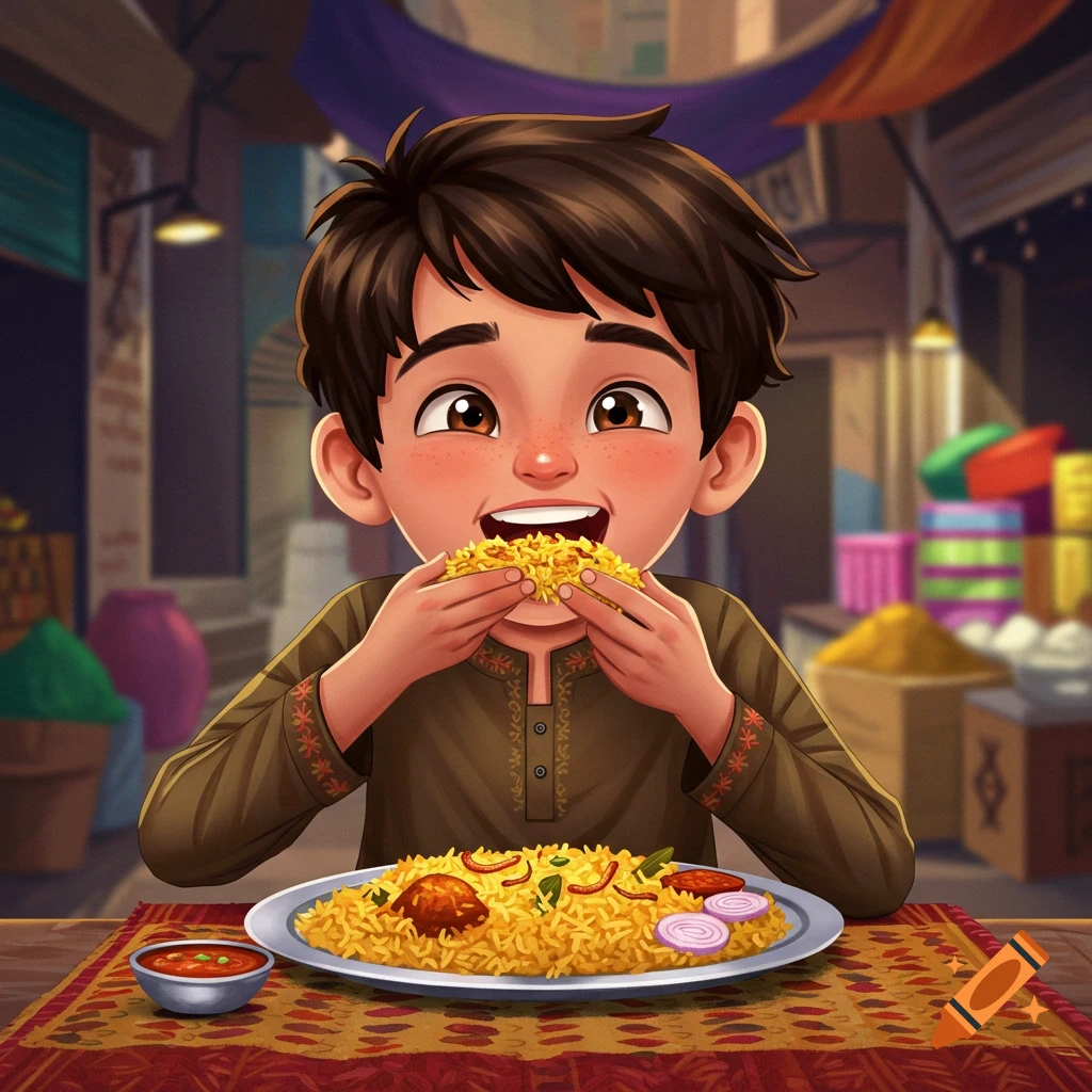 A happy boy eating a plate of biryani in a market. on Craiyon