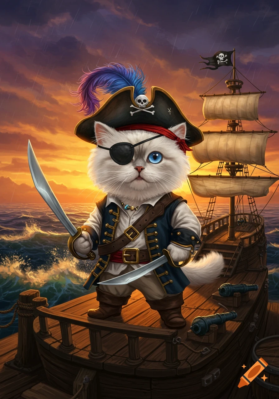 Cartoon cow dressed as a pirate stands on a ship deck holding a sword ...