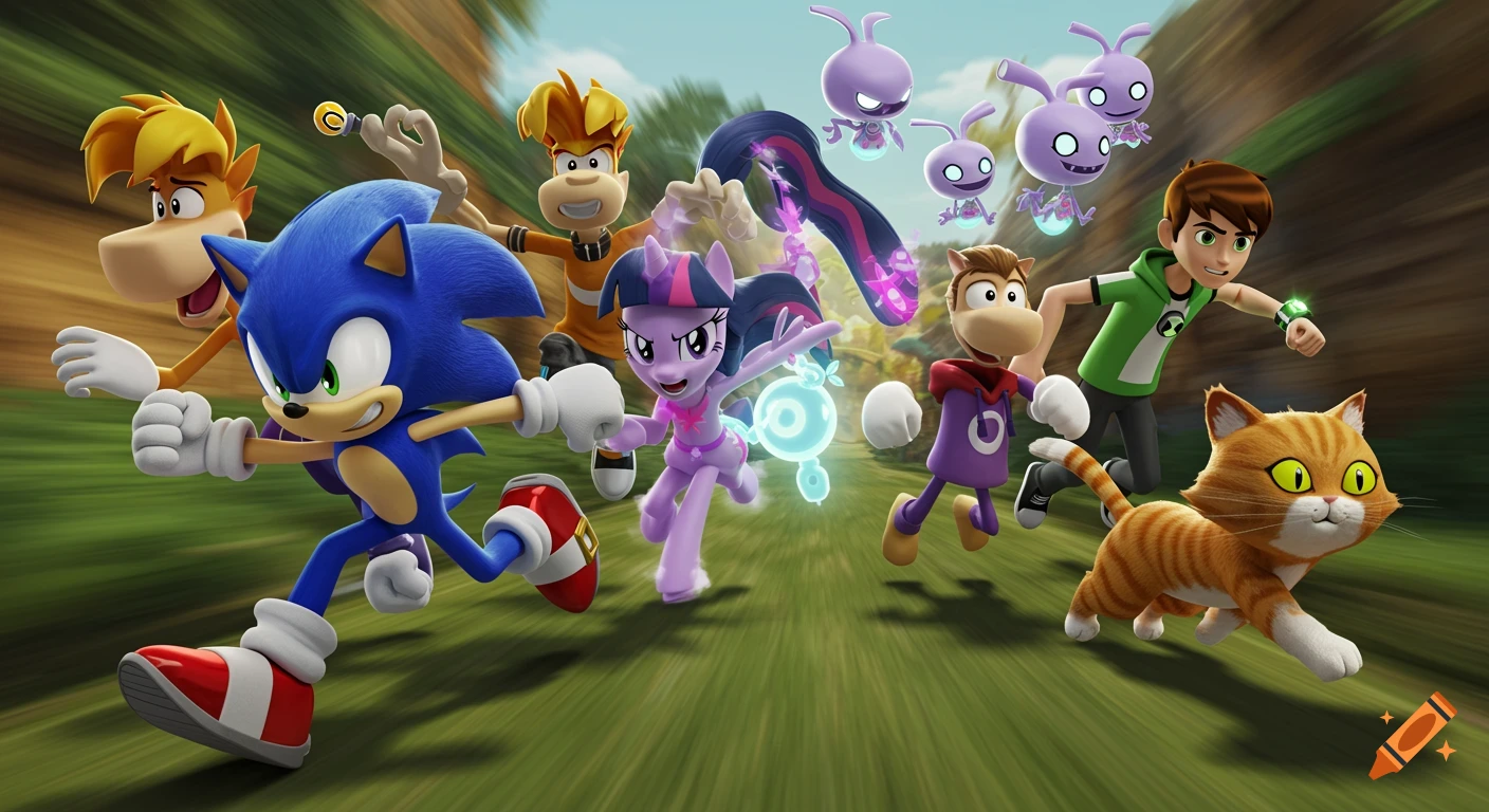 Sonic, Rayman, Twilight Sparkle, Wisps, Ben Tennyson, and a cat running ...