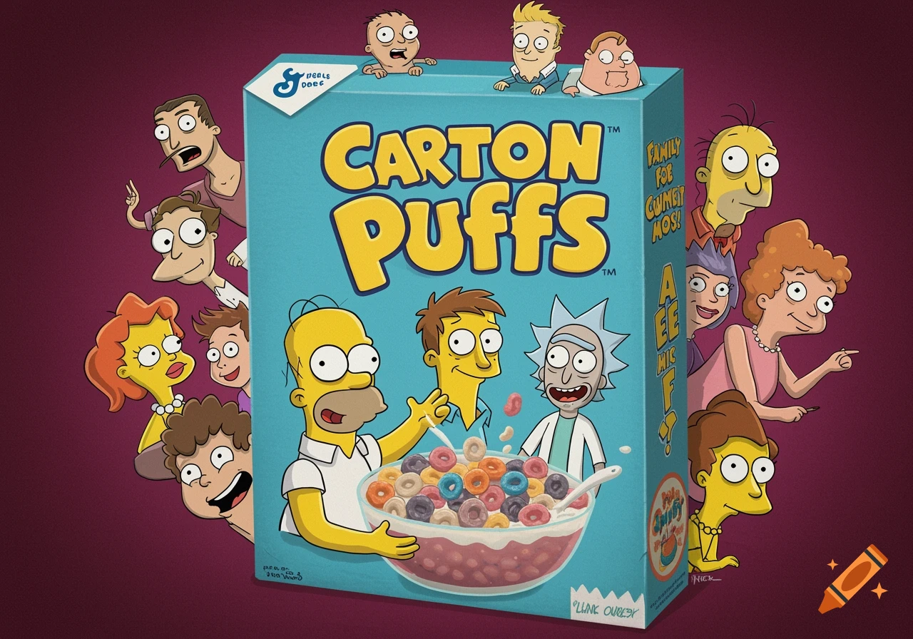 Cartoon illustration of a "CARTON PUFFS" cereal box surrounded by ...