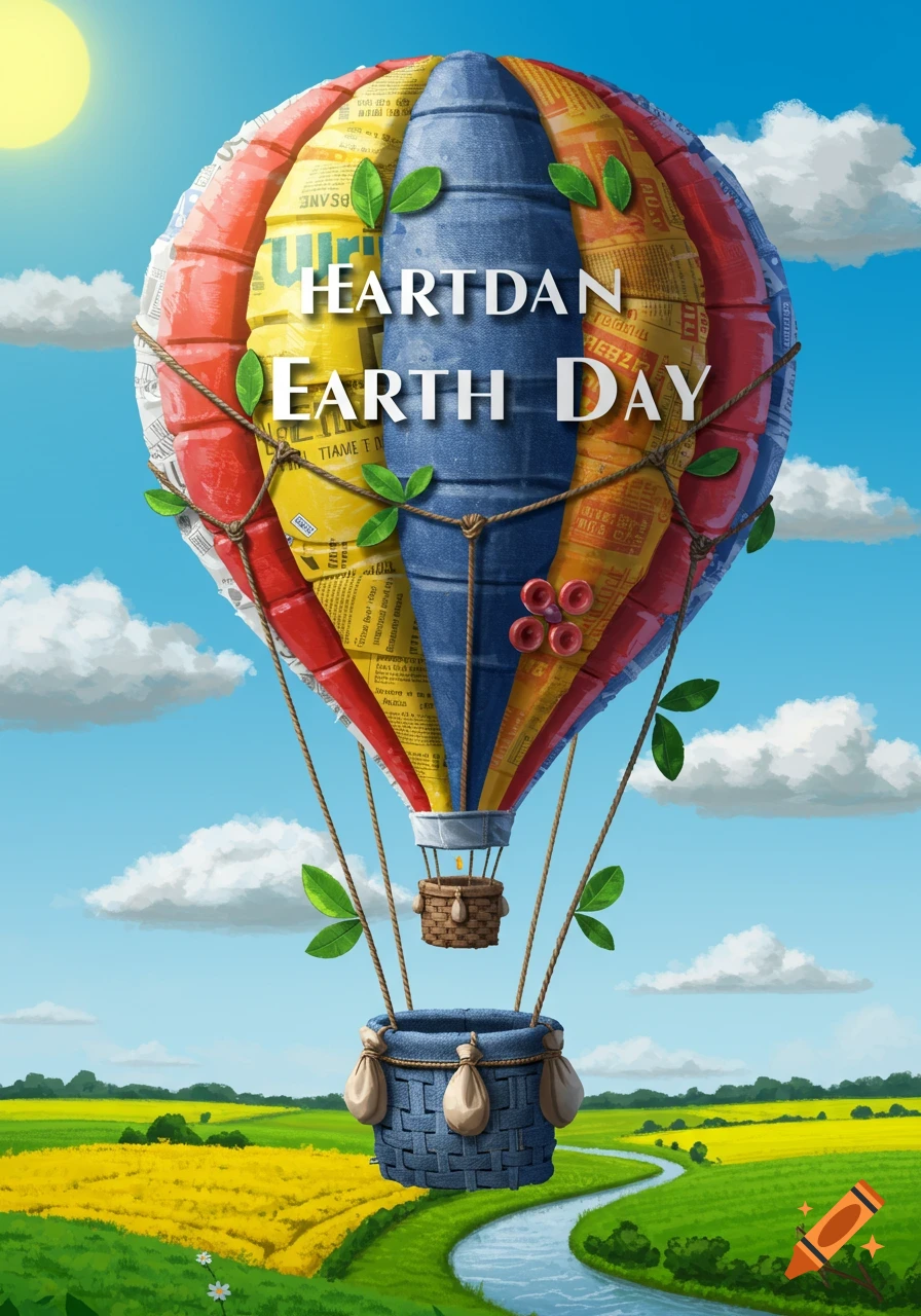 Earth Day hot air balloon made from recycled waste on Craiyon