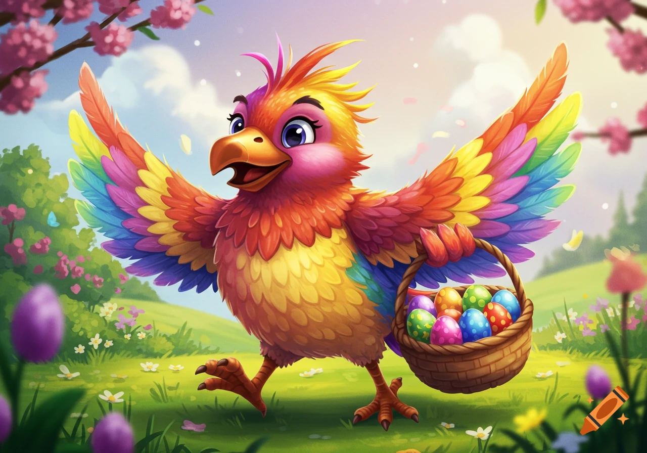 Rainbow Easter goofer bird delivering Easter eggs on Craiyon