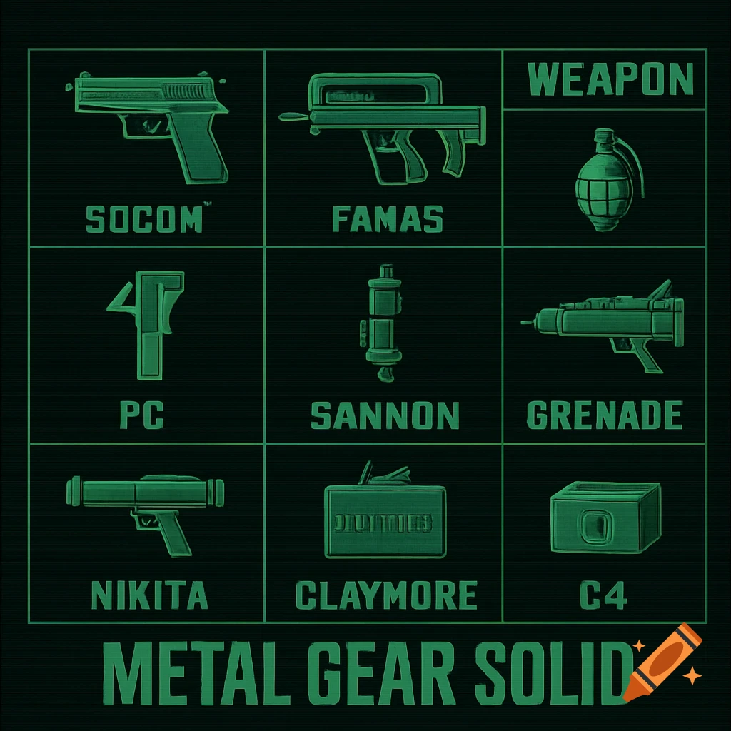 Metal Gear Solid style weapon HUD menu on Craiyon