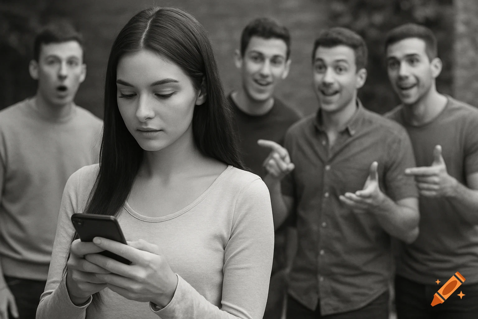 Girl ignoring group of guys while using her phone on Craiyon