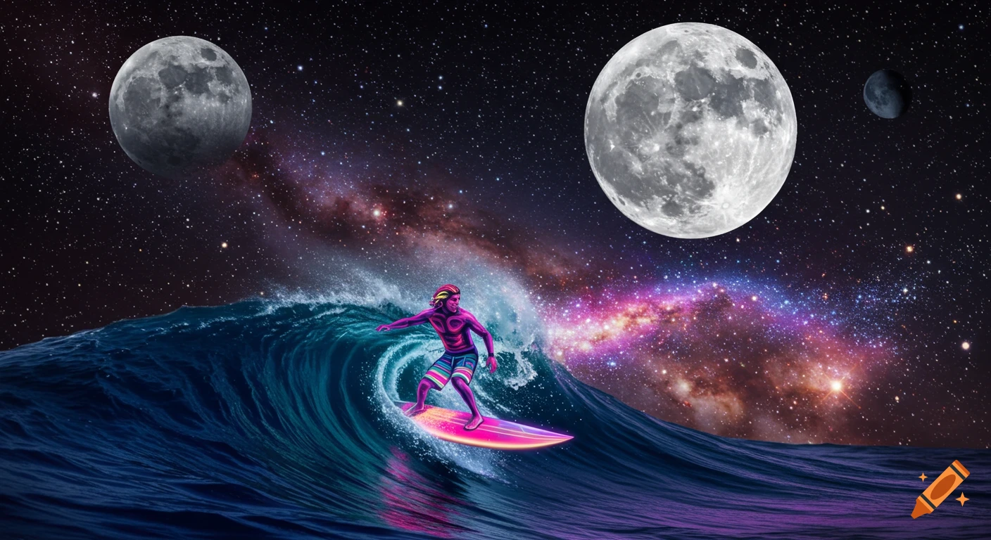 A neon-colored surfer rides a wave in space with stars, galaxies, and ...