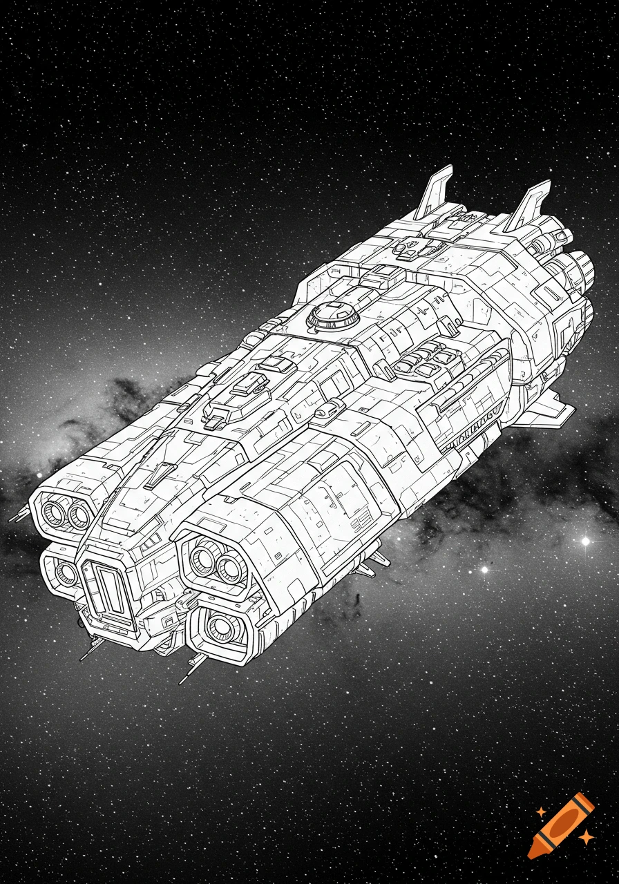 A black and white line drawing of a spaceship in deep space with stars. on Craiyon