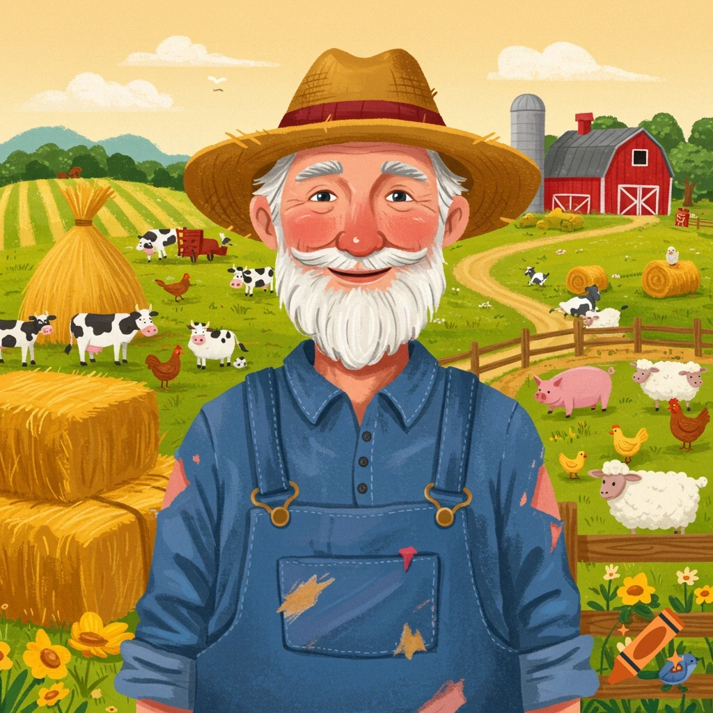 Old MacDonald waving goodbye in sunny farm with animals like cows ...