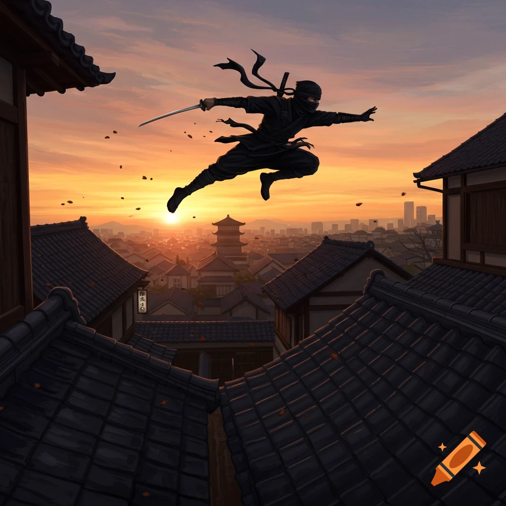 Ninja jumping from roof on Craiyon