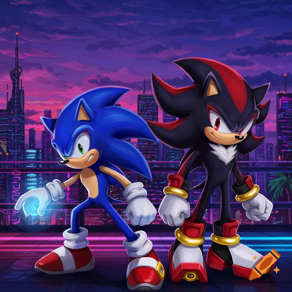 Sonic and Shadow stand on a rooftop overlooking a futuristic city skyline at sunset. on Craiyon