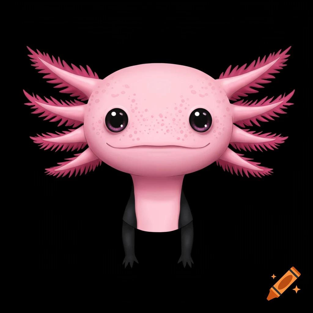 Cartoon illustration of a pink axolotl face with big eyes and glitter ...