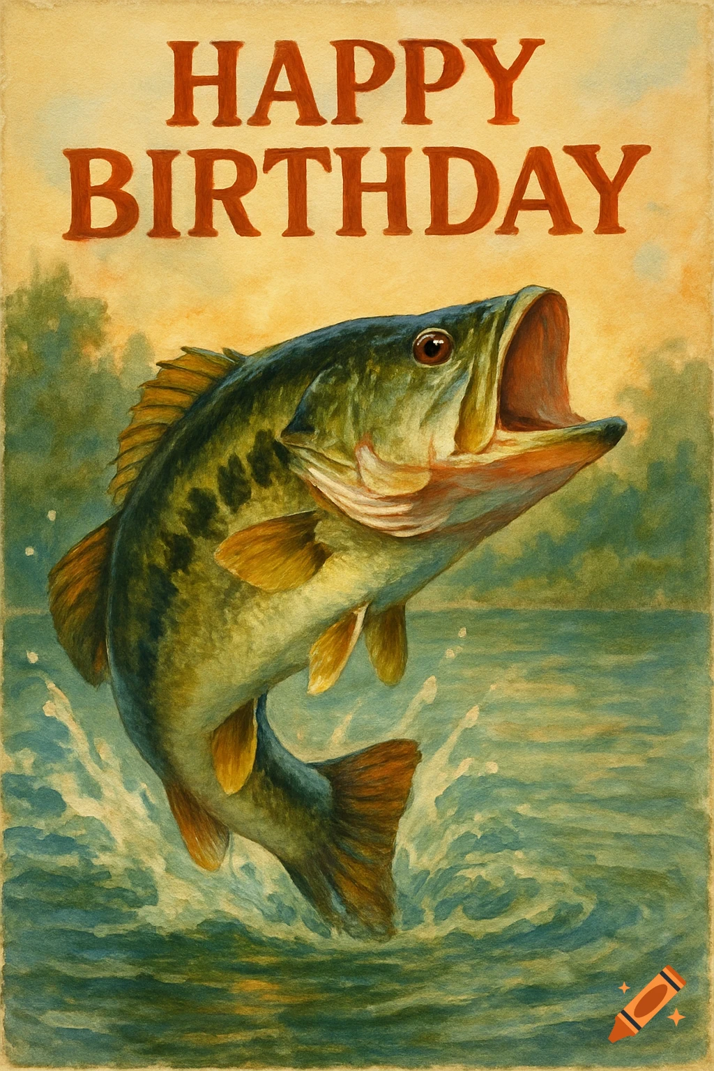 A bass fish jumping from water with text 'HAPPY BIRTHDAY' on Craiyon