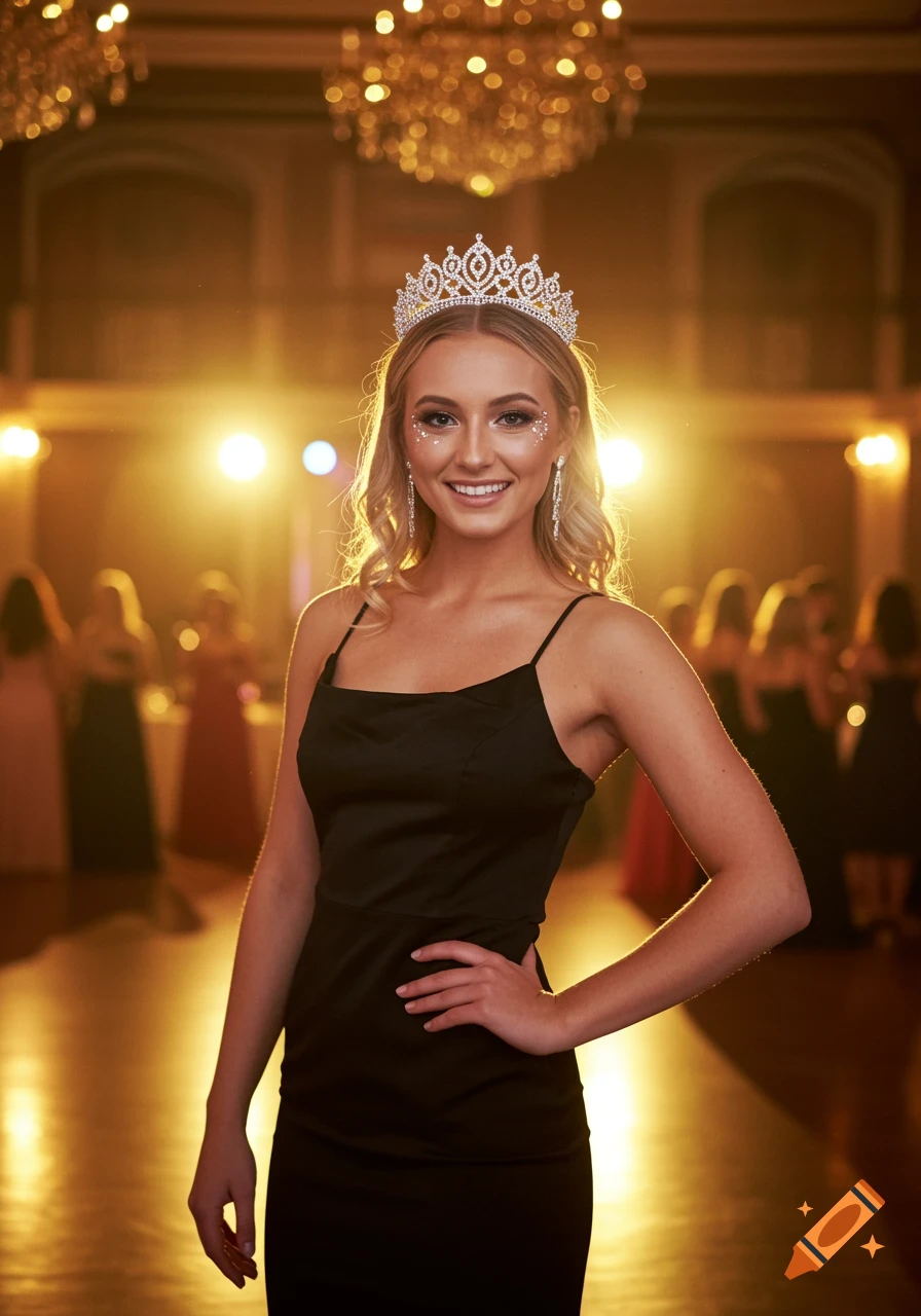Blonde girl in black prom dress and tiara celebrating prom on Craiyon