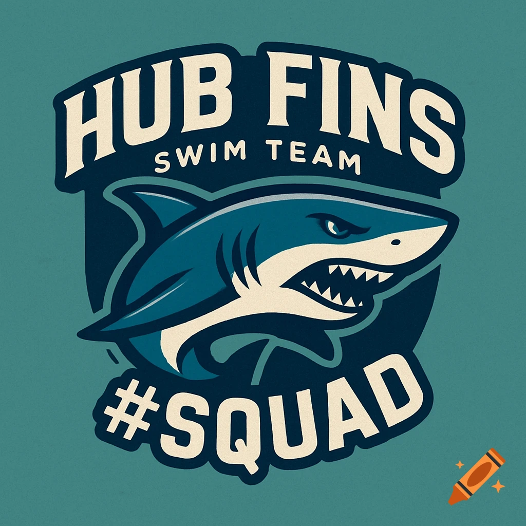 Hub Fins swim team logo featuring a shark and #squad on Craiyon