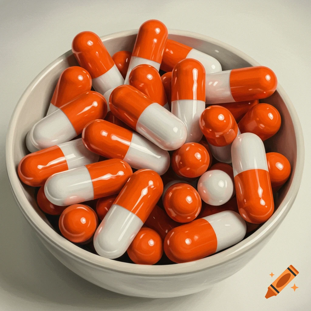 A bowl filled with orange and white capsules and small orange balls. on ...