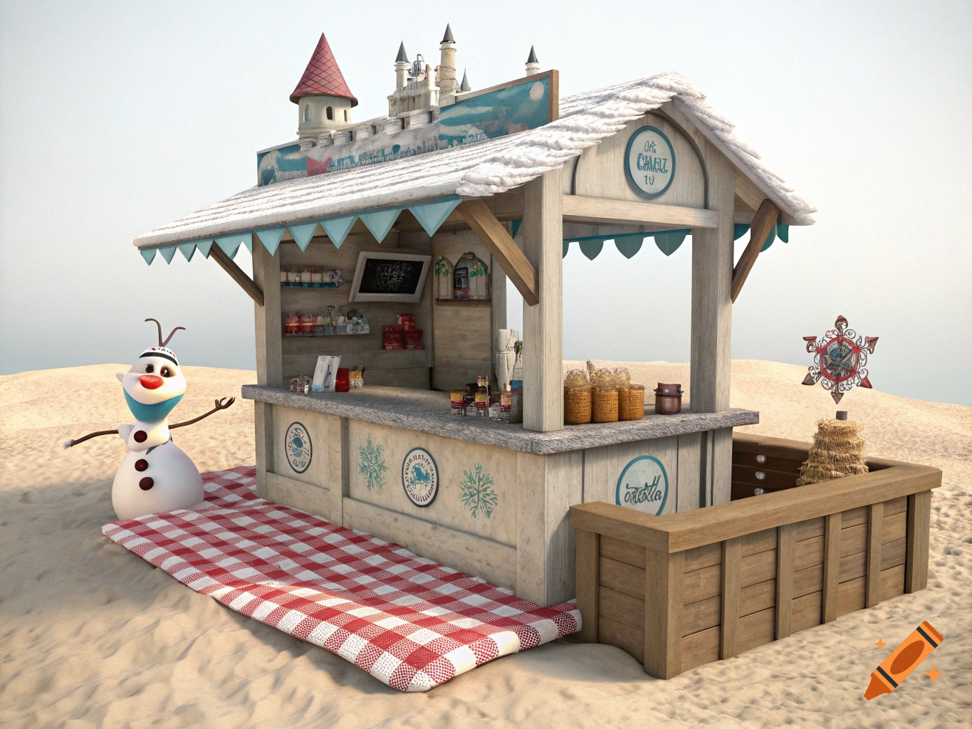 Olaf frozen drink stand in Nordic dragestil architecture with ...