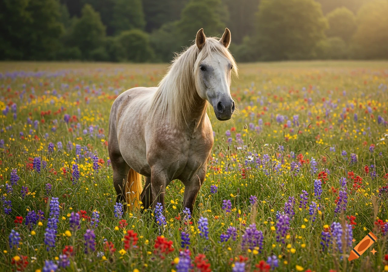 A light-colored horse stands in a field of colorful wildflowers. on Craiyon