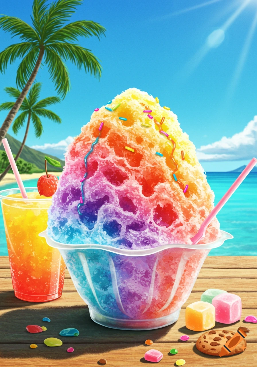 A large, colorful rainbow shave ice and a drink sit on a dock ...