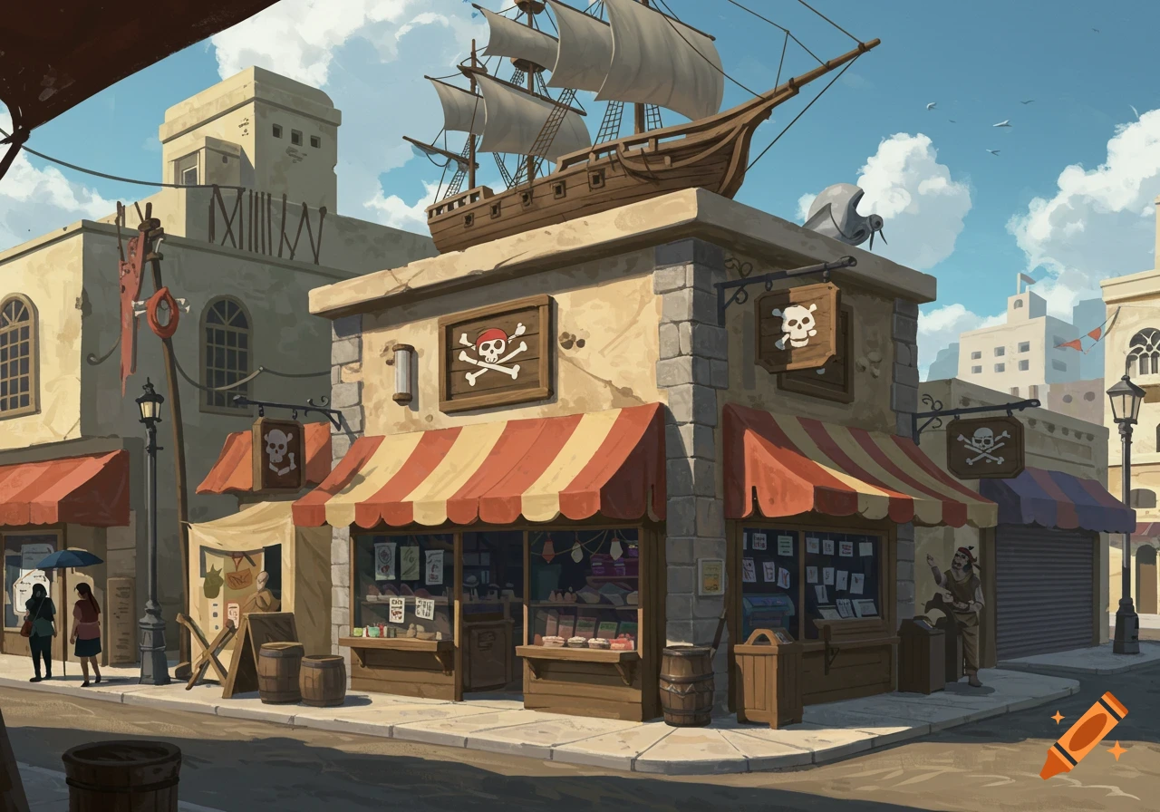 Pirate-themed shop with a small pirate ship on the roof on Craiyon
