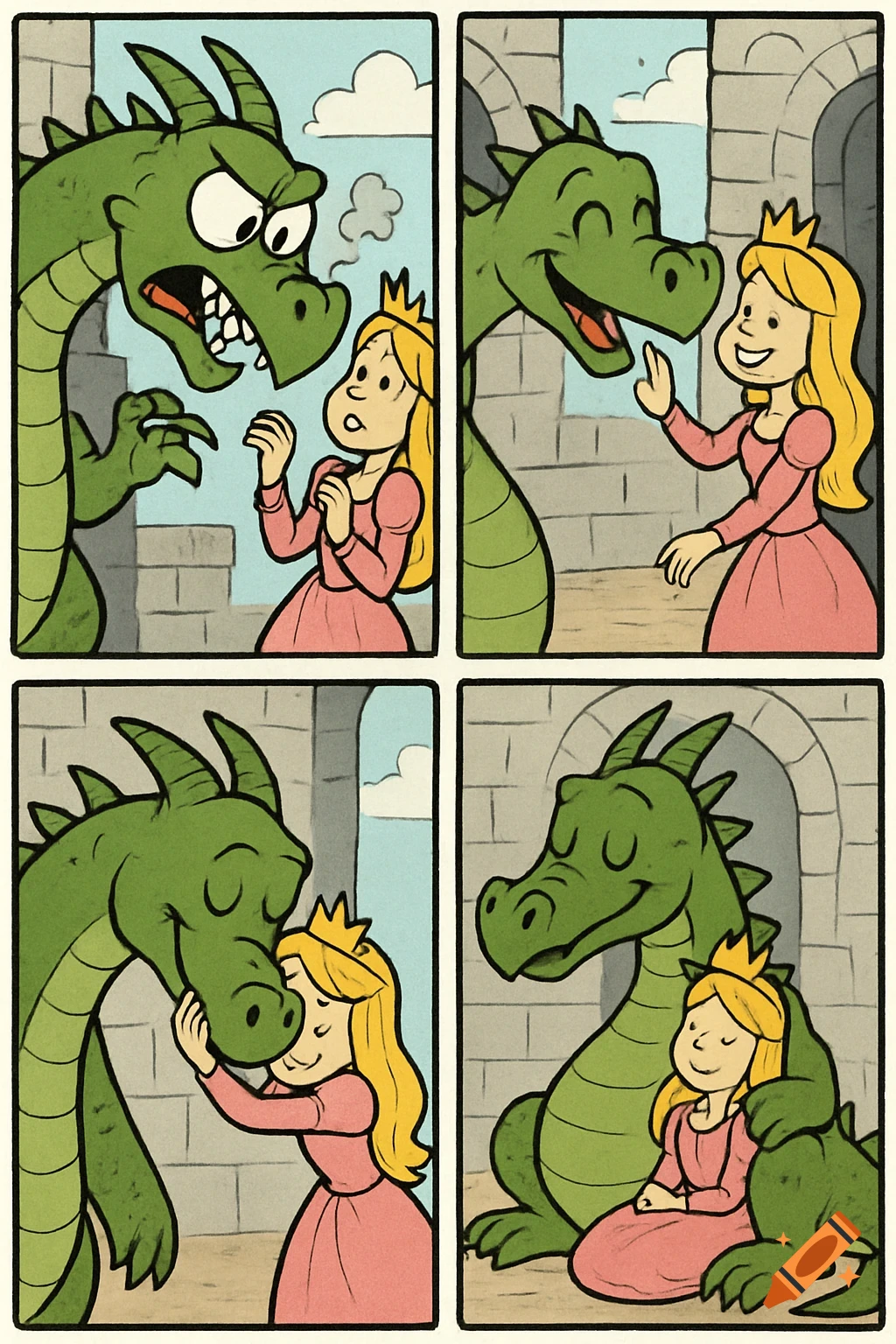 A four-panel comic shows a fearsome dragon and a scared princess who ...