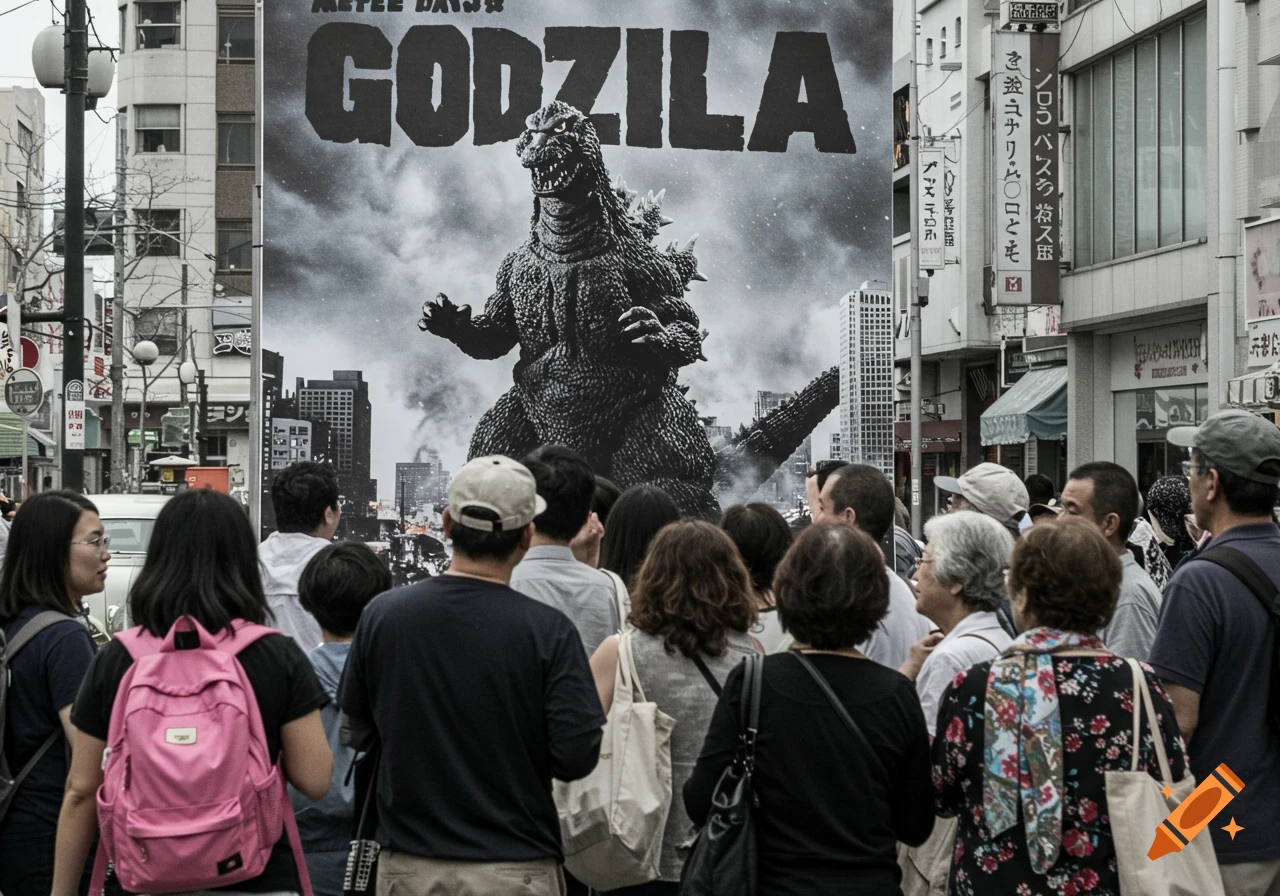 A crowd of people looking at a large black and white Godzilla poster on ...