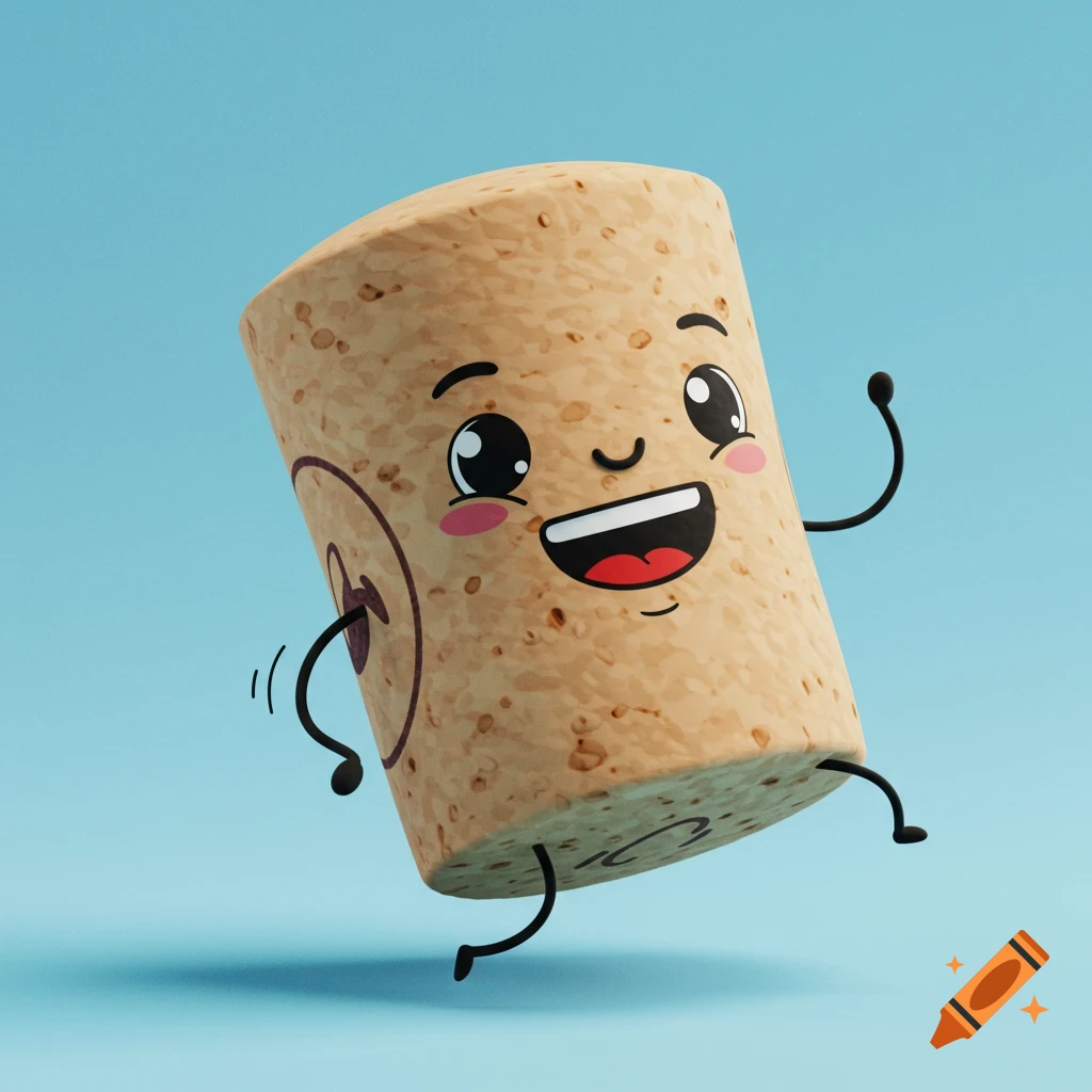 Cartoon wine cork character with a happy face, arms, and legs, running ...