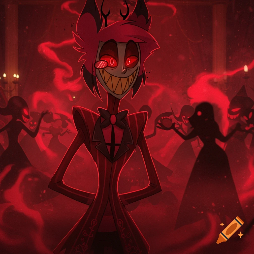 Stylized cartoon of Alastor from Hazbin Hotel smiling in a red-lit room ...