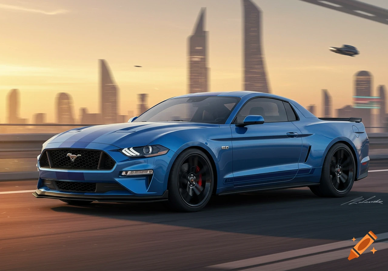 A blue Ford Mustang pickup truck is driving on a road with a city ...