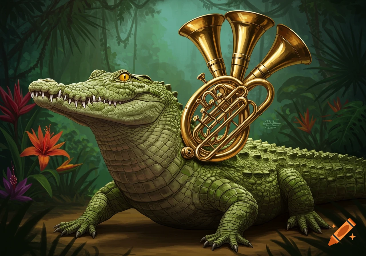 Cartoon alligator in bow tie with brass instrument on back in jungle ...