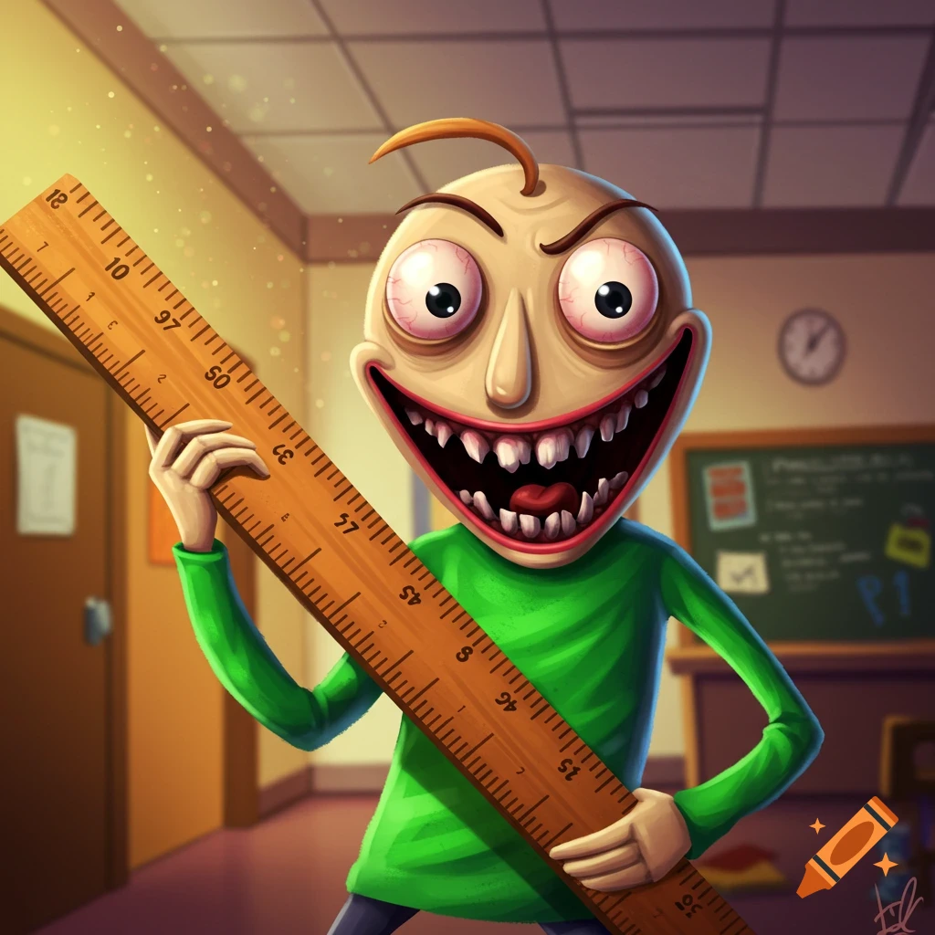 Baldi from Baldi's Basics holds a ruler in a street scene. on Craiyon