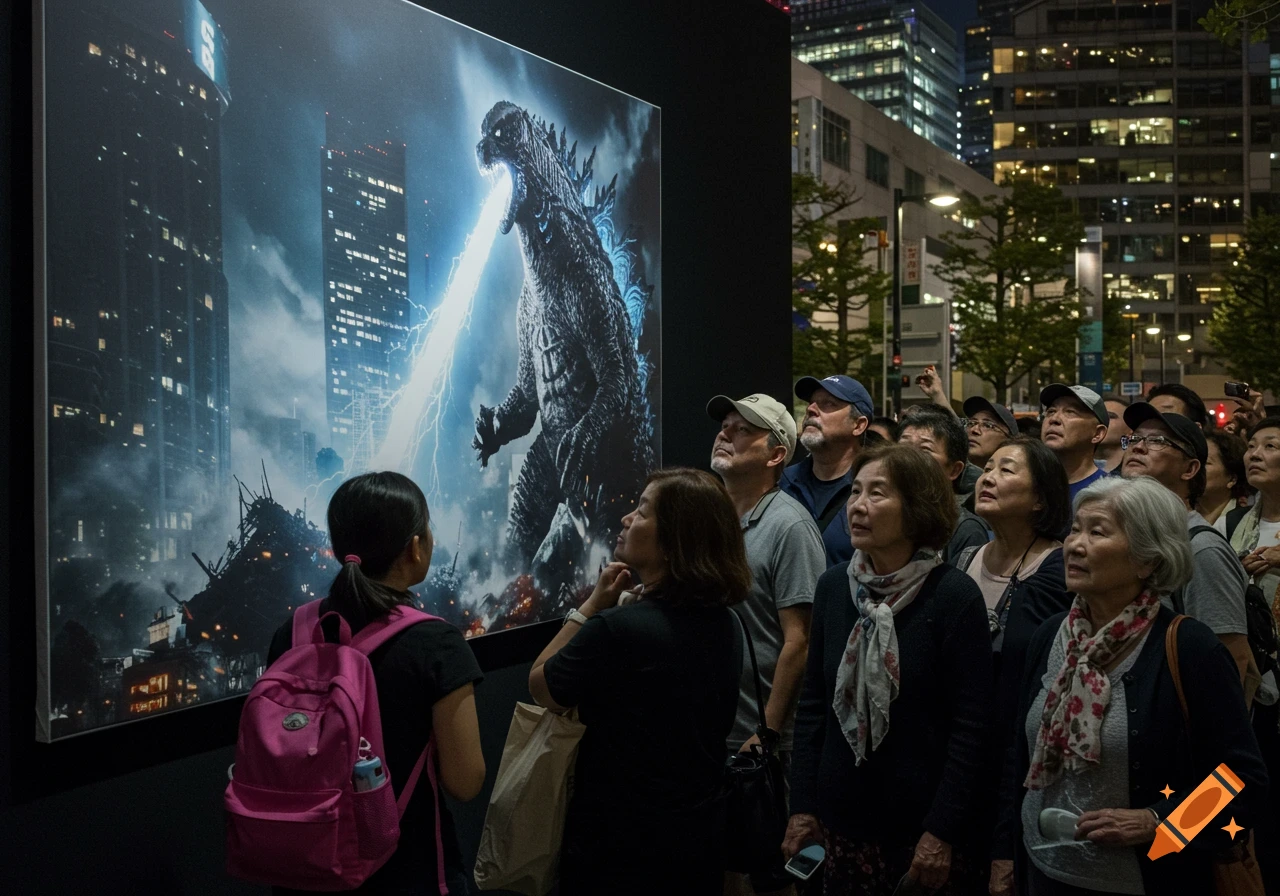 A crowd of people looking at a large black and white Godzilla poster on ...