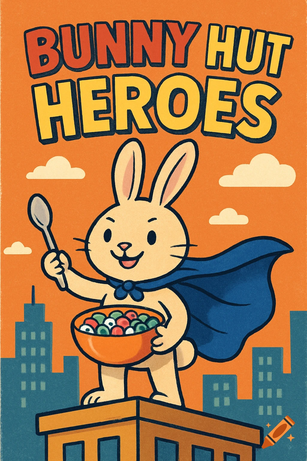 Cartoon bunny superhero on building holding cereal bowl, retro style ...