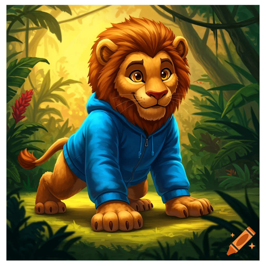 Buff lion cub in blue hoodie on Craiyon