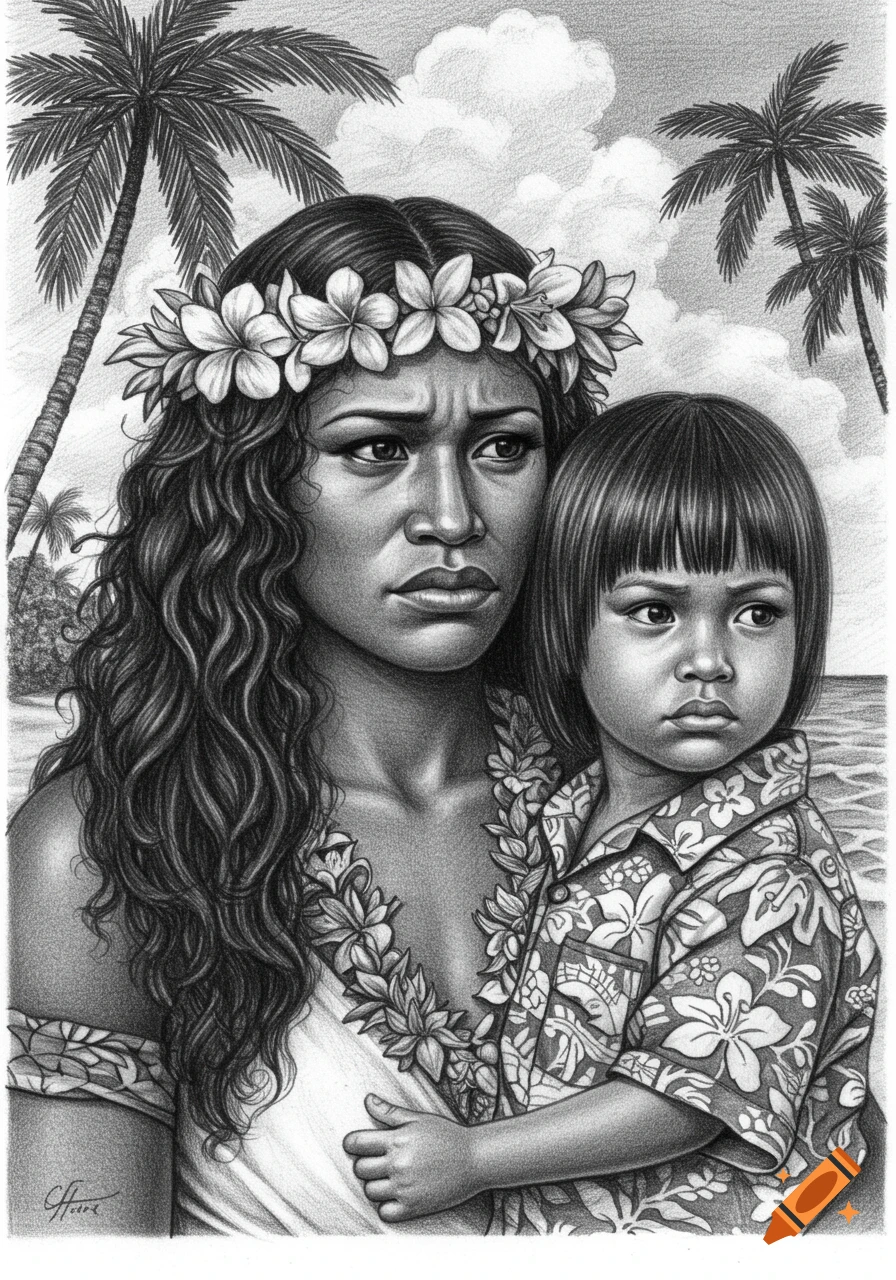 Pencil drawing of Polynesian mother and son portrait on Craiyon